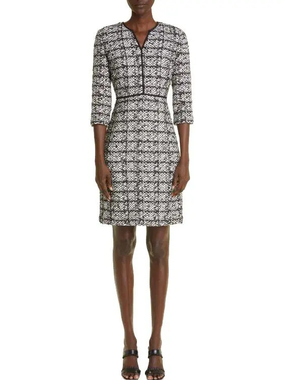 St. John Bouclé Tweed Sheath Dress - Ecru/black