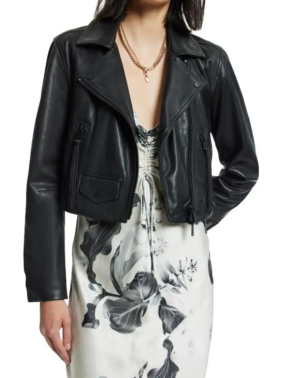ALLSAINTS Elora Crop Leather Biker Jacket - Black