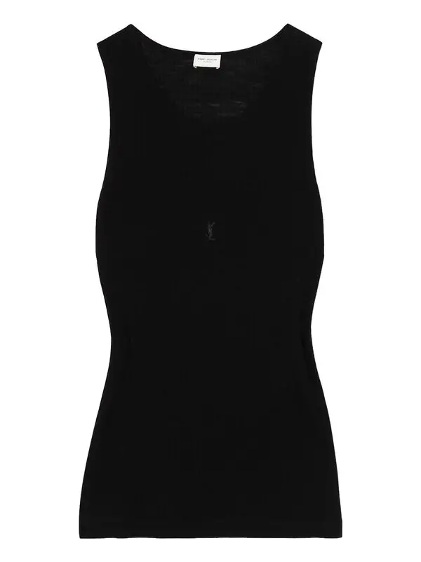 Saint Laurent Embroidered Ribbed Wool Tank - Black