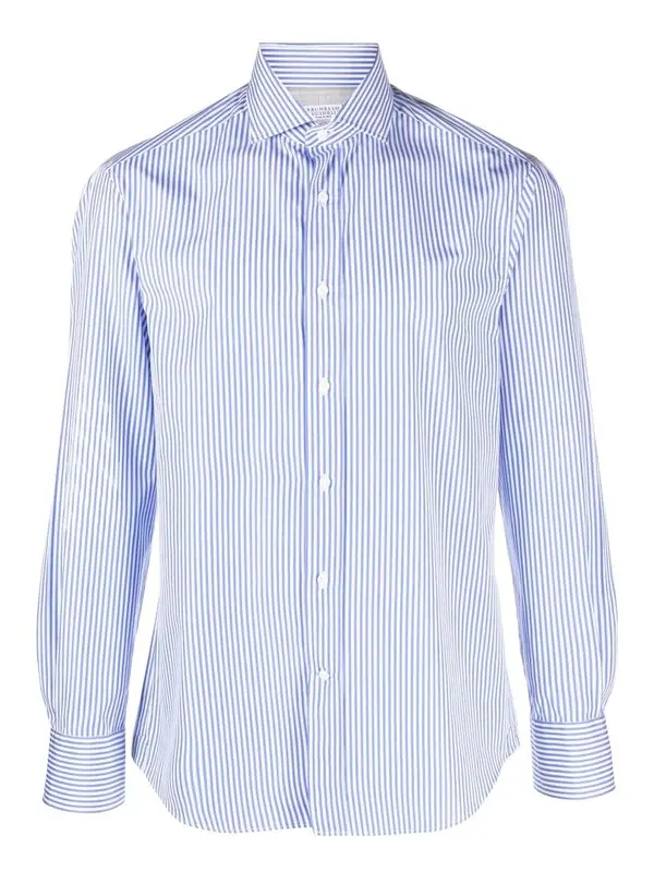 Brunello Cucinelli Striped Long-sleeved Cotton Shirt - Blue