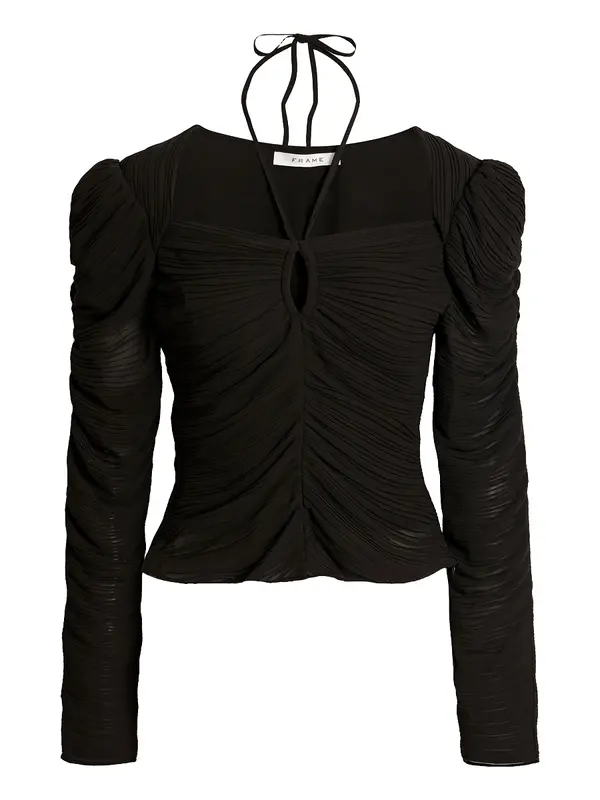 FRAME Cutout Plissé-crepe Top - Black