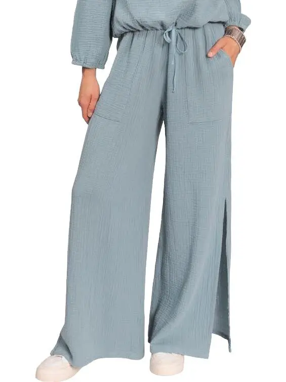 EVERYDAY RITUAL Riley Cotton Gauze Split Hem Pants - Desert Blue