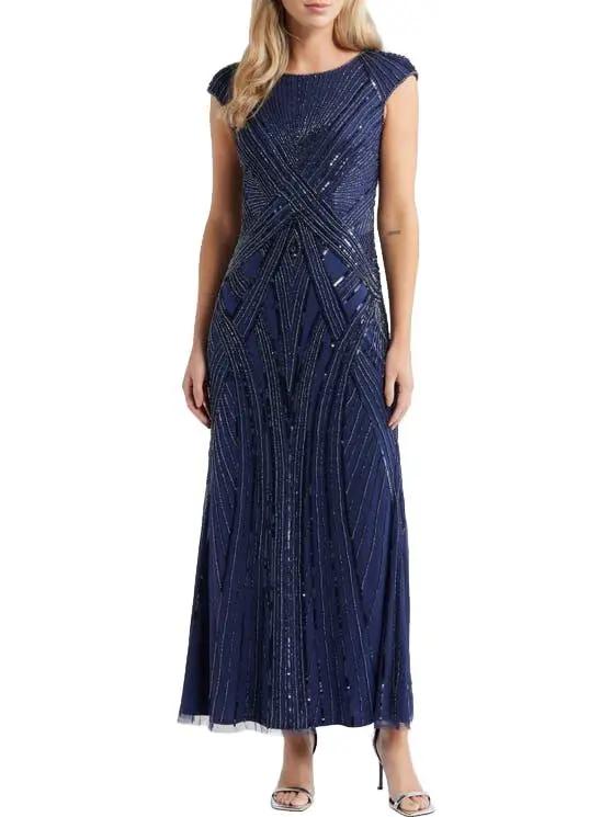 Pisarro Nights Embellished Cap Sleeve Gown - Bright Navy
