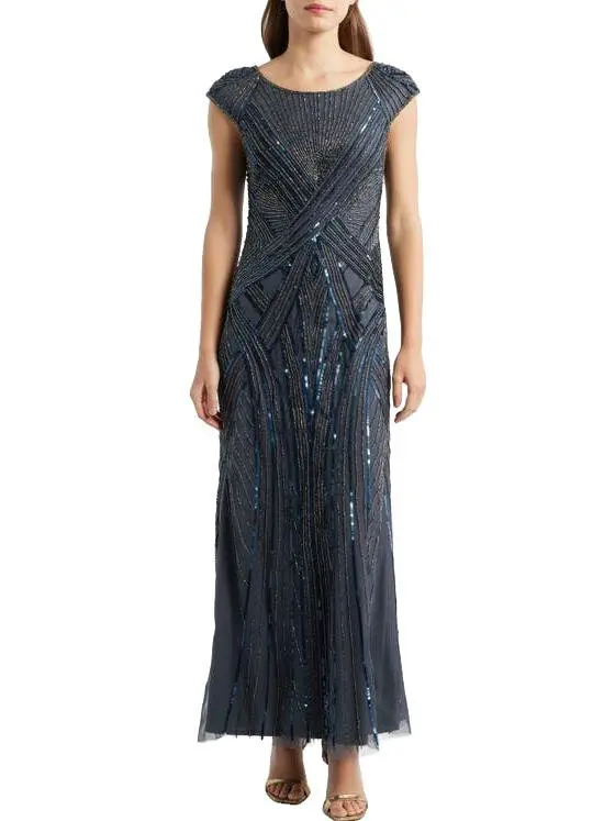 Pisarro Nights Embellished Cap Sleeve Gown - Smoke
