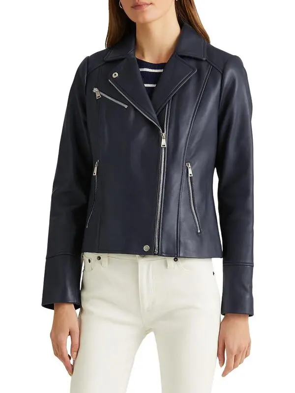 Ralph Lauren Asymmetric Leather Moto Jacket - Navy