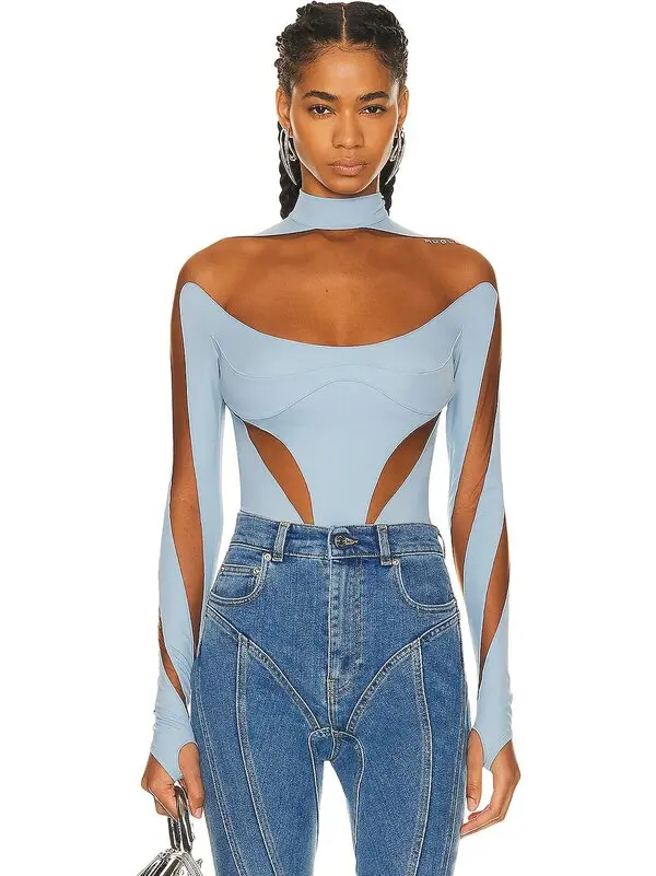 MUGLER Illusion Cut Bodysuit - Light Blue & Nude 02