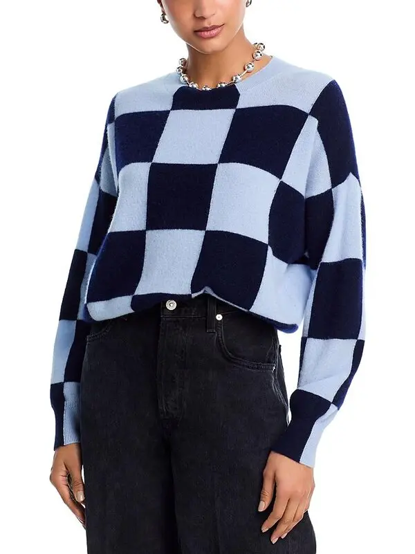 Aqua 100% Cashmere Brushed Check Cropped Sweater - Peacoat Chambray