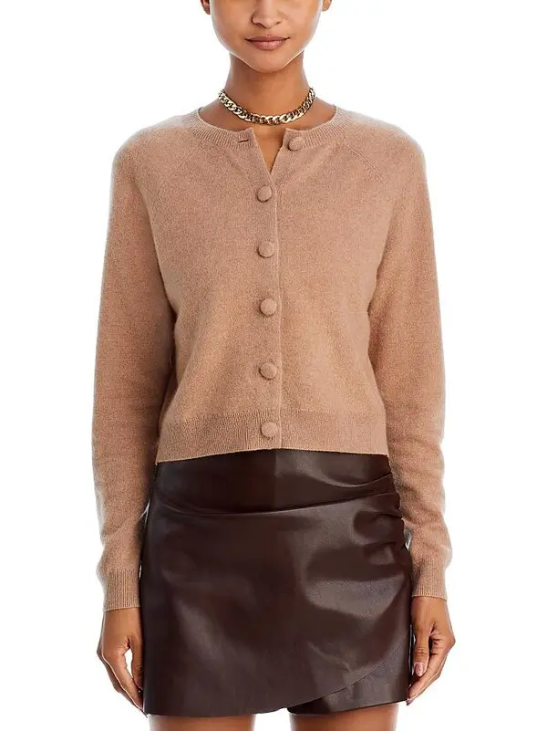 Aqua 100% Cashmere Crewneck Cardigan - Camel