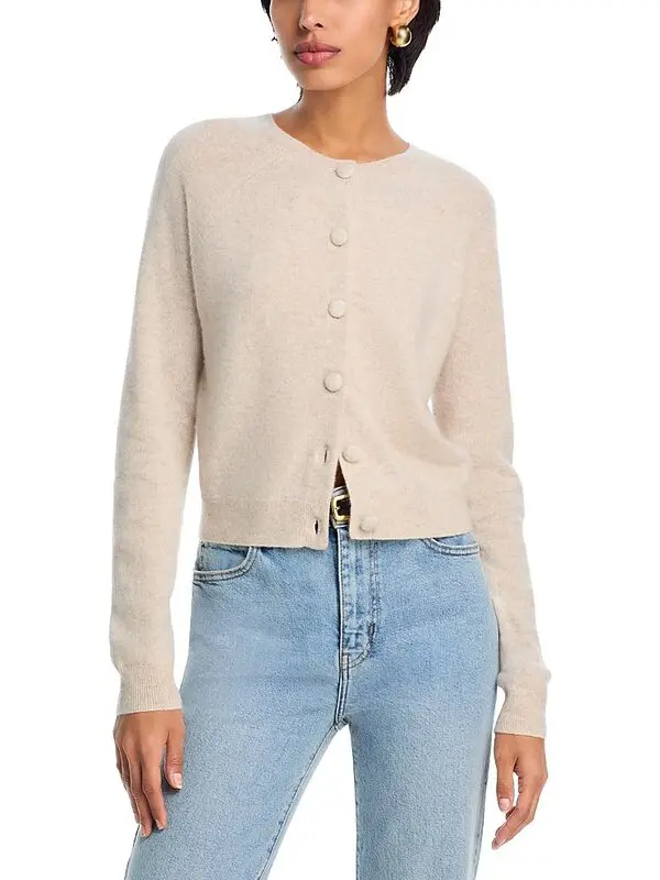 Aqua 100% Cashmere Crewneck Cardigan - Oatmeal