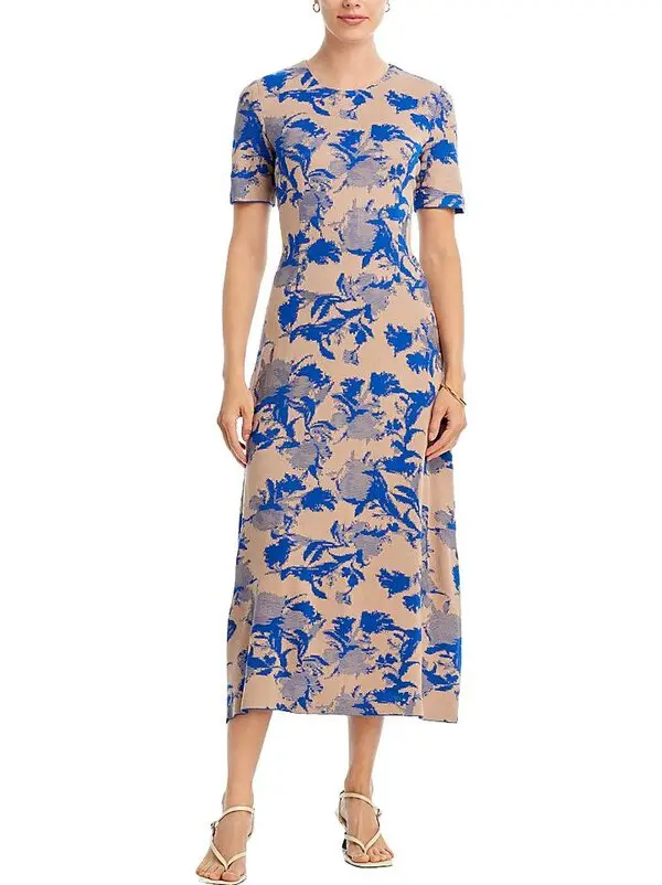 Misook Floral Jacquard Soft Knit A Line Dress - Sand/lyons Blue