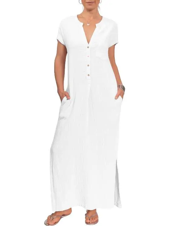 EVERYDAY RITUAL Stacey Split Neck Cotton Caftan - White