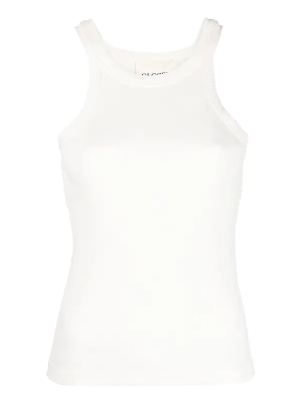 Closed Rib-knit Racer Tank Top - White
