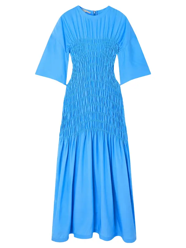 Stella McCartney Smocked Striped Silksatin Midi Dress - Azure