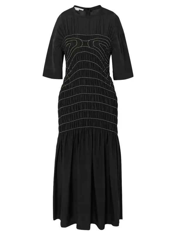 Stella McCartney Smocked Striped Silksatin Midi Dress - Black