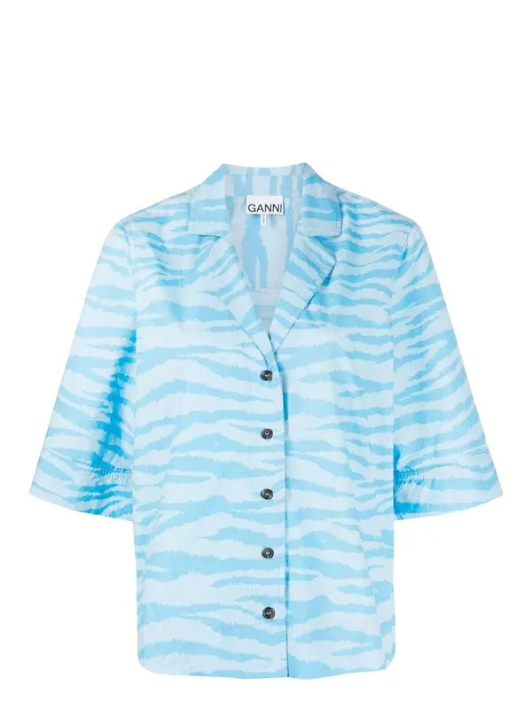 GANNI Zebra-print Organic-cotton Shirt - Blue
