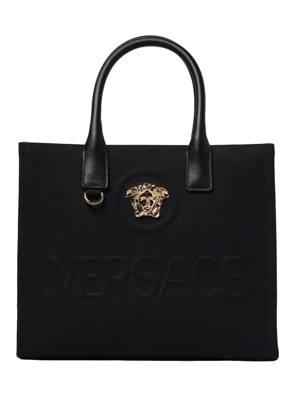 Versace La Medusa Cotton Canvas And Leather Bag - Black