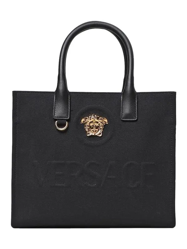 Versace La Medusa Cotton Canvas And Leather Bag - Black