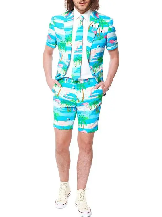 Opposuits Flamingo Print Trim Fit Short Suit With Tie - Blue