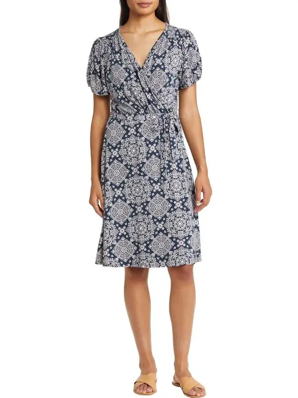 Loveappella Short Sleeve Faux Wrap Dress - Navy/ivory
