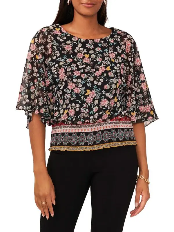 Chaus Smocked Floral Blouse - Black 001