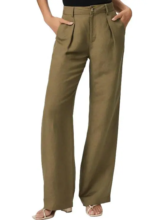 Paige Dallas Pleated High Waist Wide Leg Linen Blend Trousers - Army