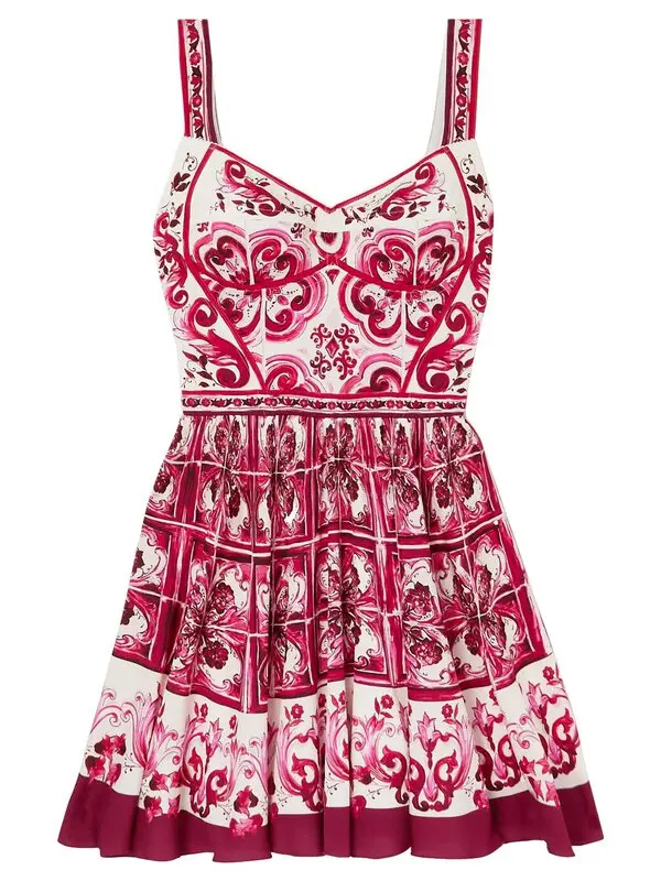Dolce & Gabbana Maiolica Pleated Printed Stretch Silk-blend Mini Dress - Pink
