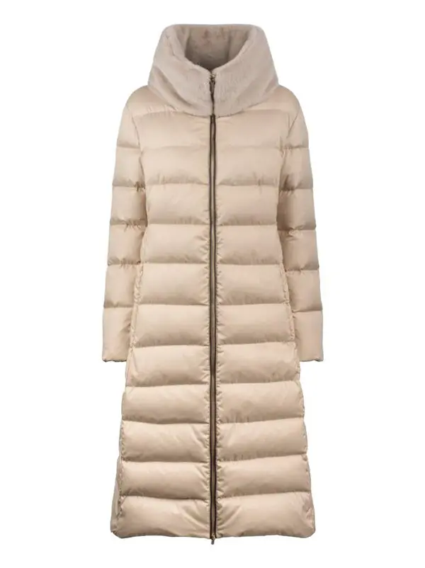 Herno Long Down Jacket With Faux Fur Collar - Beige