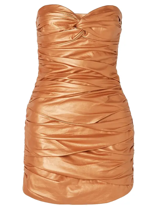 Zeynep Arçay Strapless Ruched Metallic Leather Mini Dress - Copper