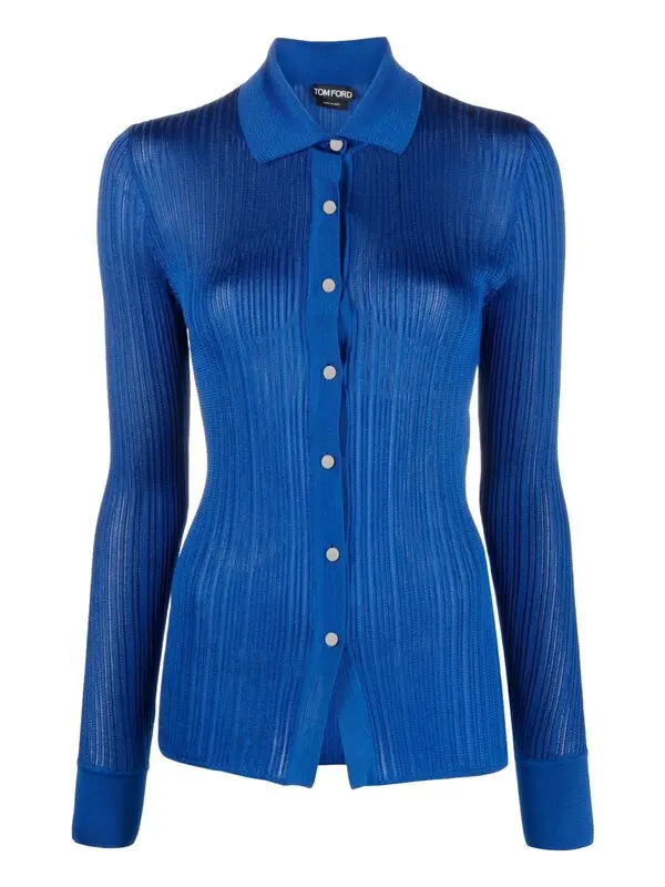 TOM FORD Ribbed Polo Collar Cardigan - Blue