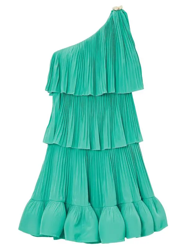 LANVIN One-shoulder Tiered Ruffled Charmeuse Mini Dress - Blue