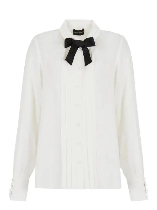 Emporio Armani Crêpe Shirt With Pleats And Bow - White