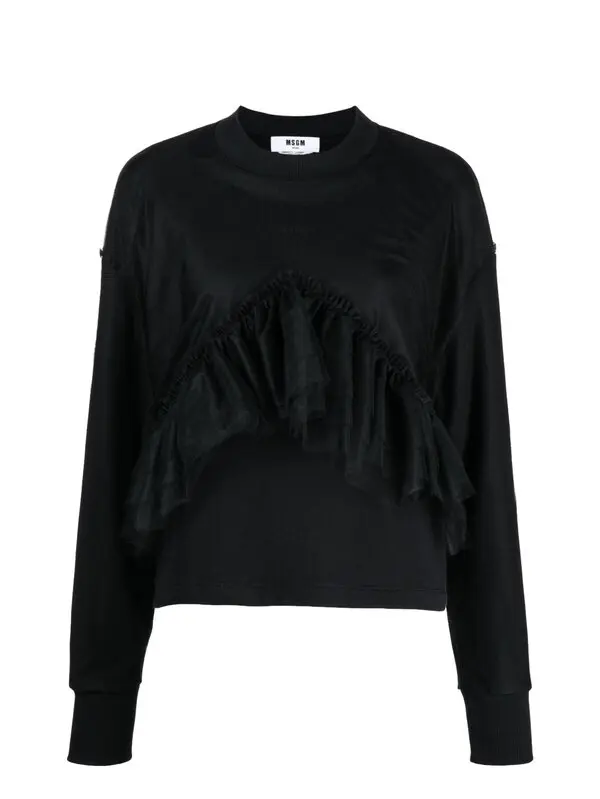 MSGM Cotton Sweatshirt With Tulle Overlay And Ruffled Detail - Black