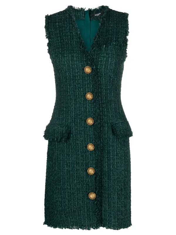 Balmain V-neck Tweed Minidress - Green