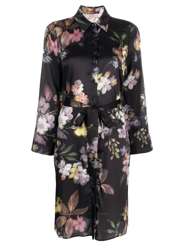 TWINSET Floral-print Belted Shirt Dress - Black