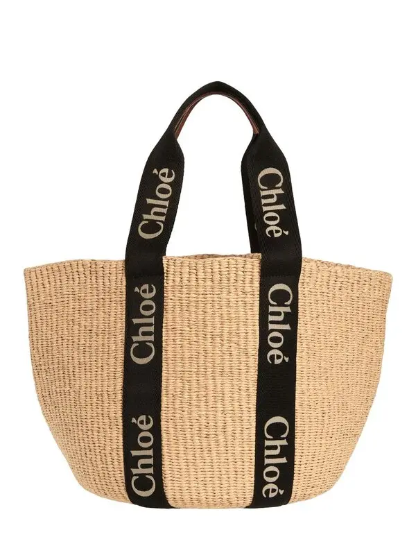 Chloé Woody Straw Basket Tote - Black-beige 1