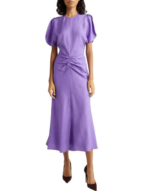 Victoria Beckham Tulip Sleeve Gathered Waist Dress - Violet