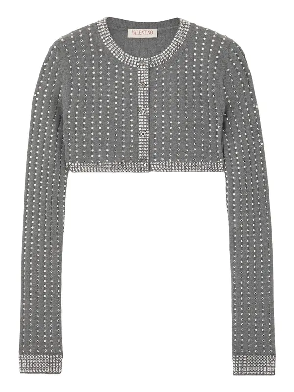 Valentino Garavani Cropped Crystal-embellished Wool Cardigan - Gray