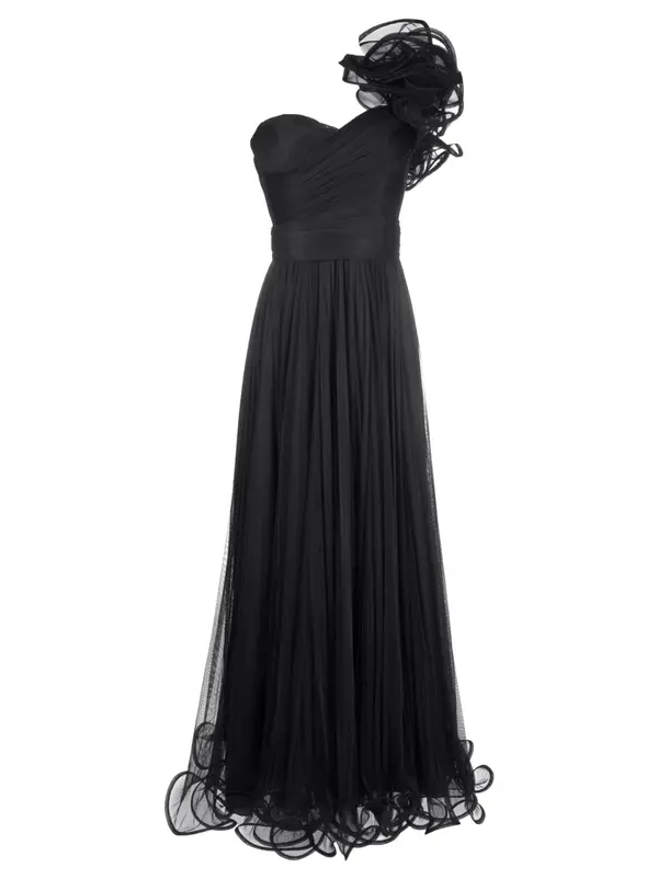 ANA RADU Floral-appliqué Pleated Gown - Black