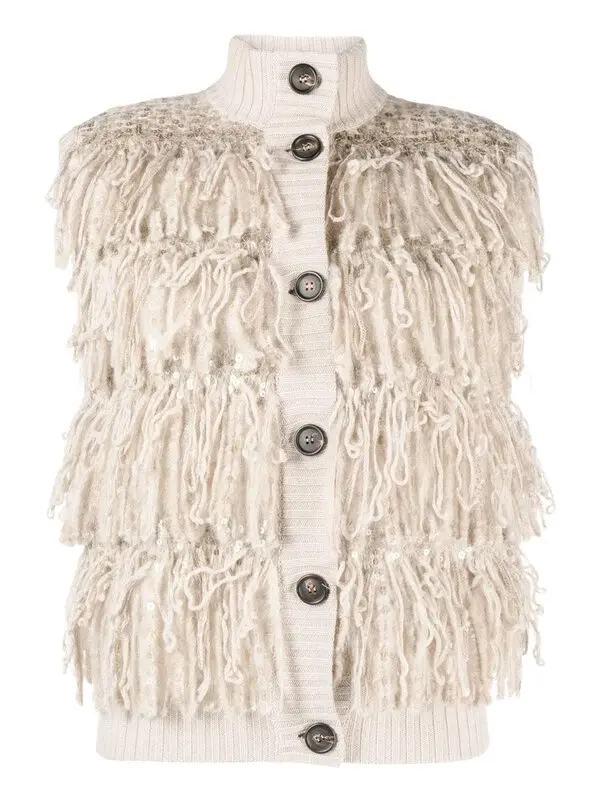 Brunello Cucinelli Fringes Sleeveless Cardigan - Neutrals