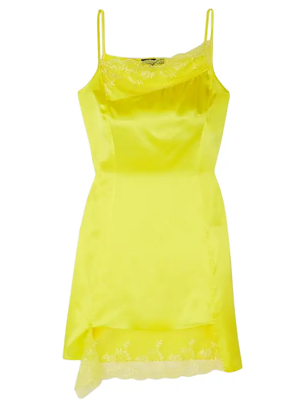MERYLL ROGGE Asymmetric Lace-trimmed Silk-charmeuse Mini Dress - Bright Yellow