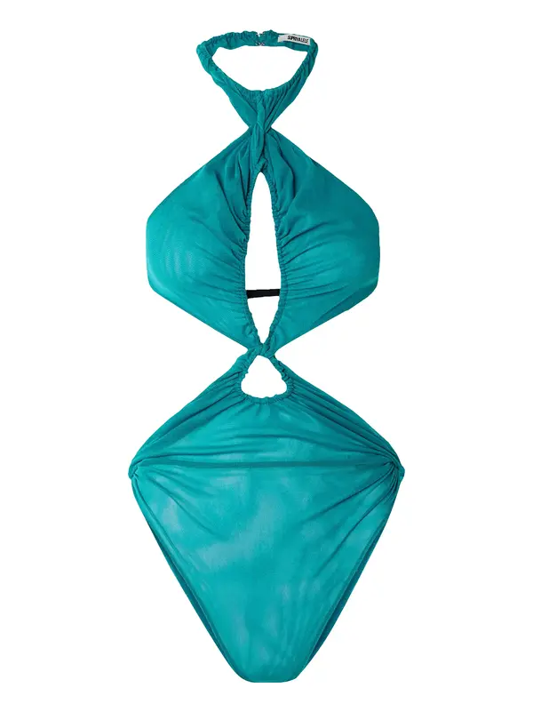 SUPRIYA LELE Cutout Ruched Mesh Halterneck Bodysuit - Teal