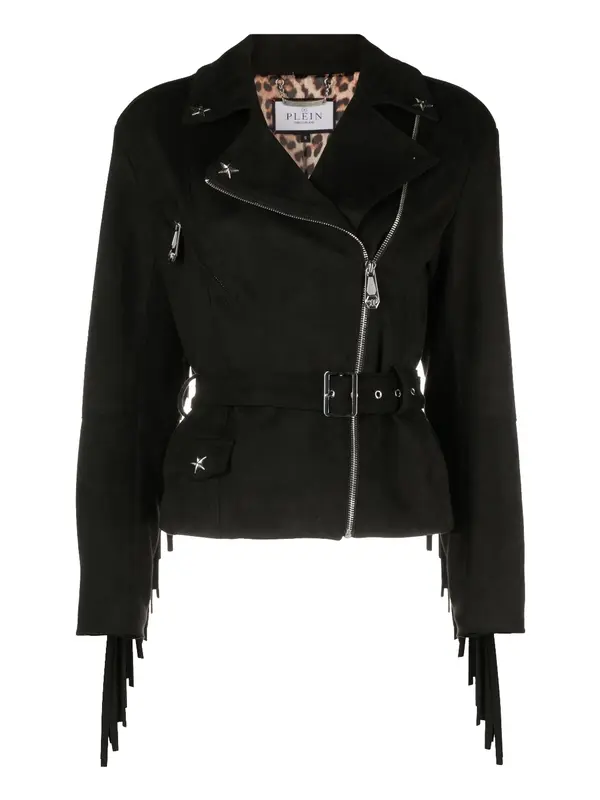 Philipp Plein Star Studded Fringed Biker Jacket - Black