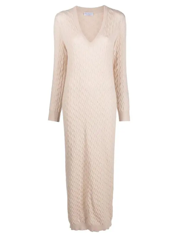 Brunello Cucinelli V-neck Knitted Dress - Neutrals