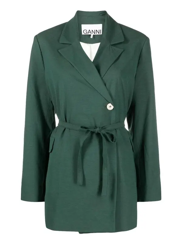 GANNI Off-centre Belted Blazer - Green