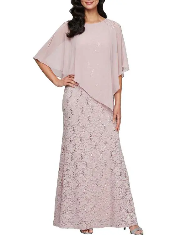 SL FASHIONS Beaded Lace & Chiffon Capelet Gown - Blush