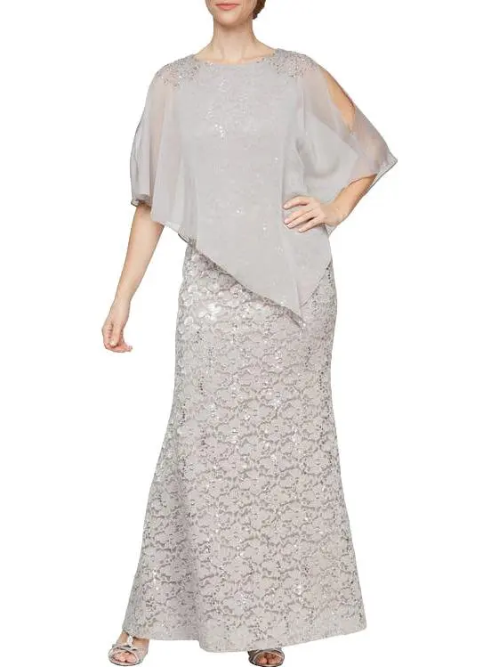 SL FASHIONS Beaded Lace & Chiffon Capelet Gown - Buff