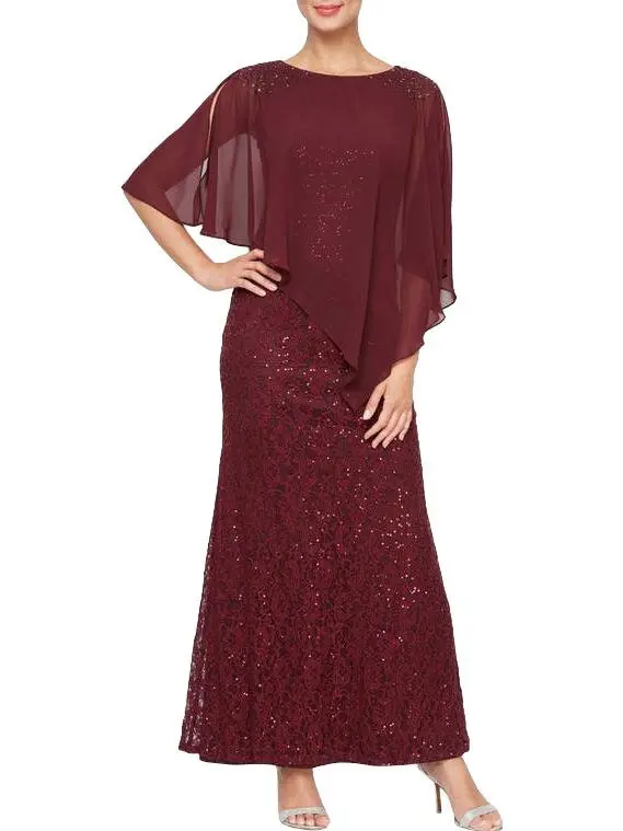 SL FASHIONS Beaded Lace & Chiffon Capelet Gown - Fig