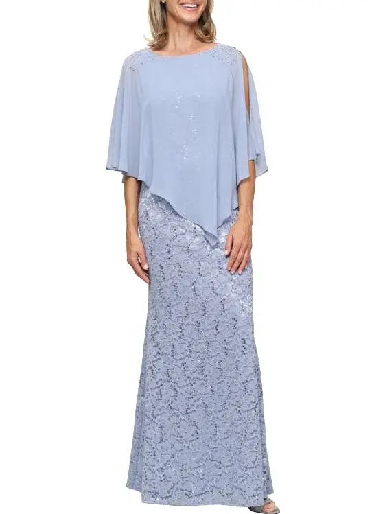 SL FASHIONS Beaded Lace & Chiffon Capelet Gown - Hydrangea