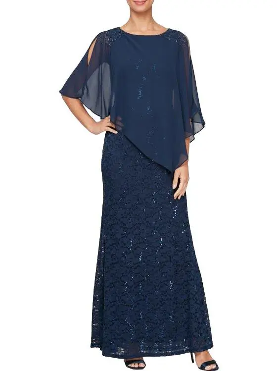 SL FASHIONS Beaded Lace & Chiffon Capelet Gown - New Navy