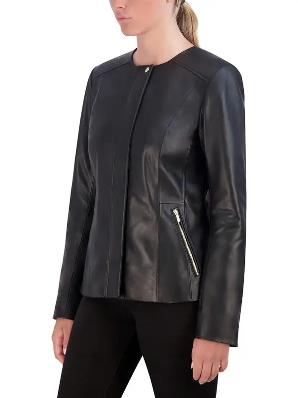 Cole Haan Collarless Leather Jacket - Black